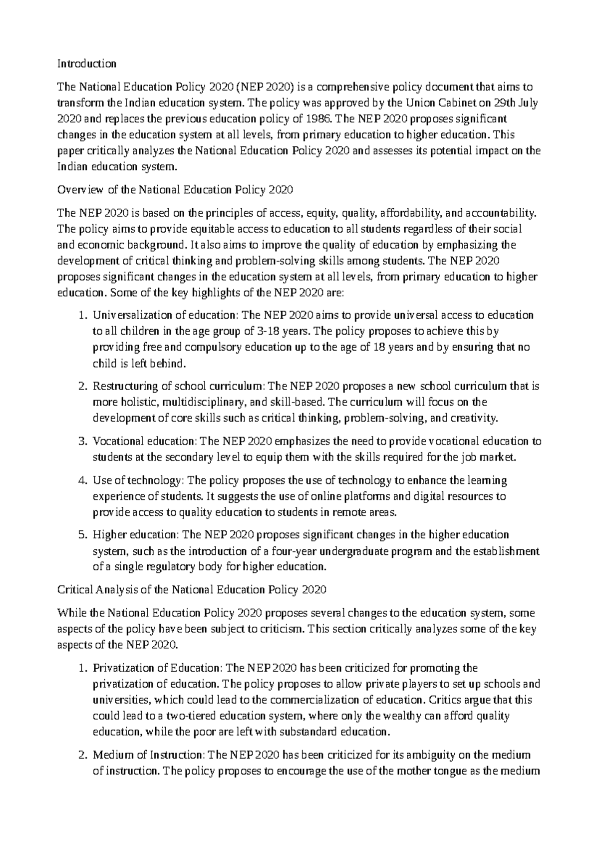 NEW EDUCATION POLICY 2020 - Introduction The National Education Policy ...