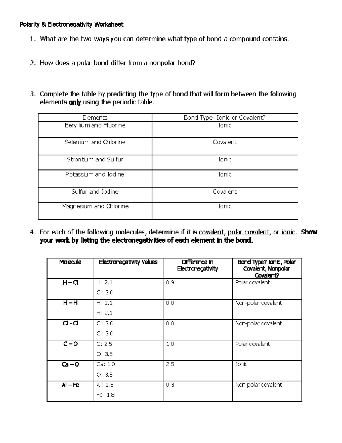 9. WS Polarity and Electronegativity - Polarity & Electronegativity ...