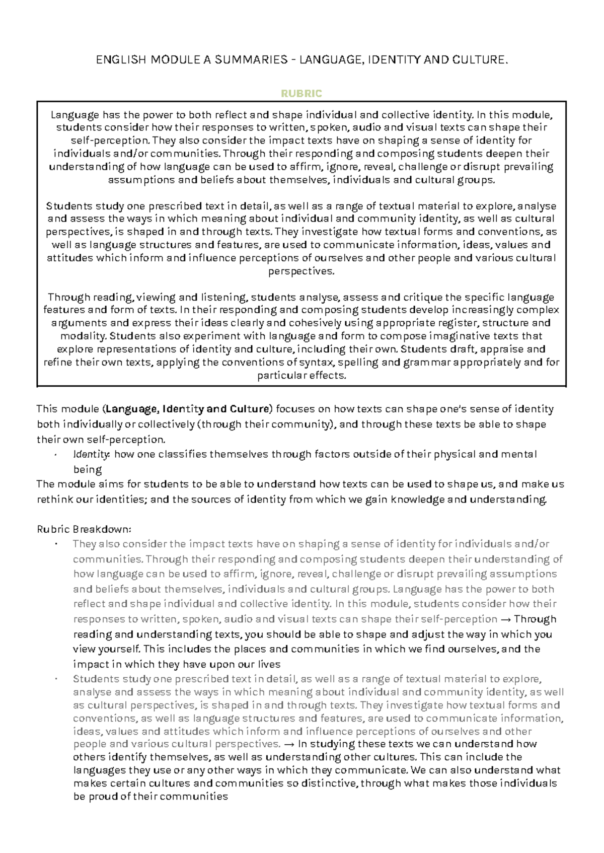 ENGLISH MODULE A: SUMMARIES ON LANGUAGE, IDENTITY & CULTURE - Studocu