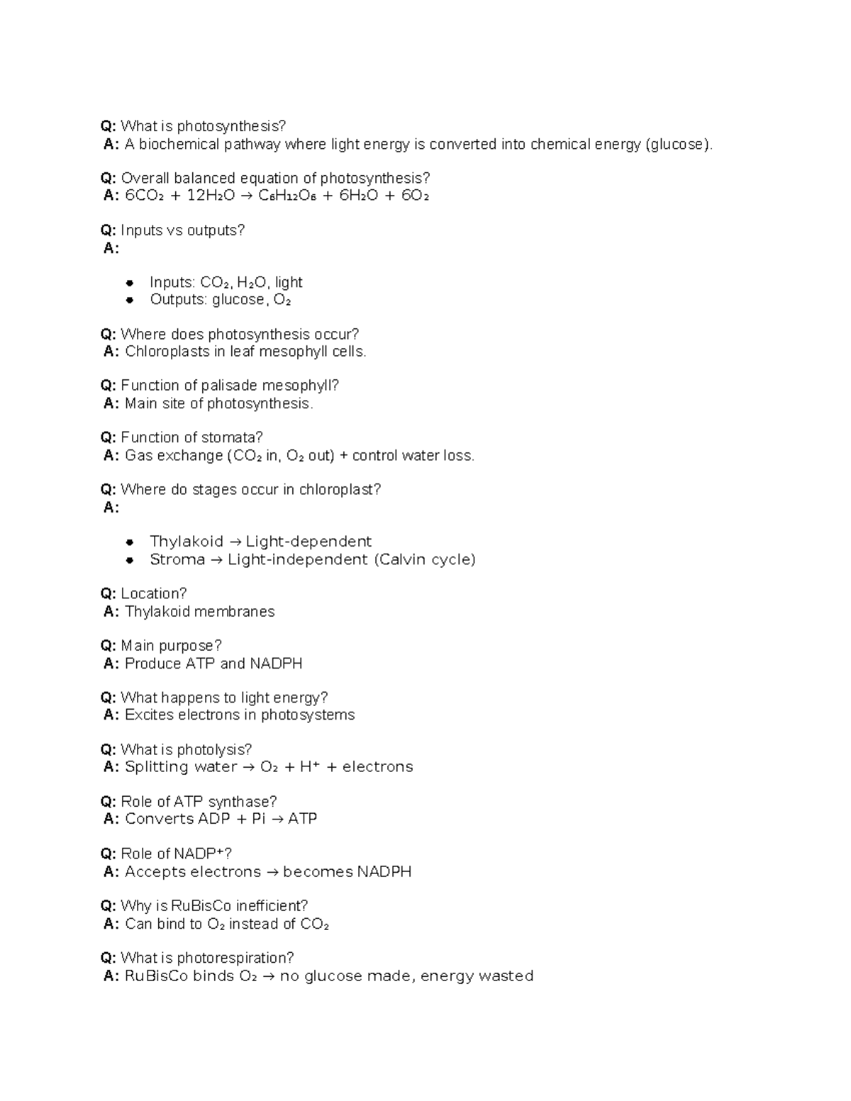Photosynthesis Overview: Key Concepts and Exam Tips (BIO101) - Studocu