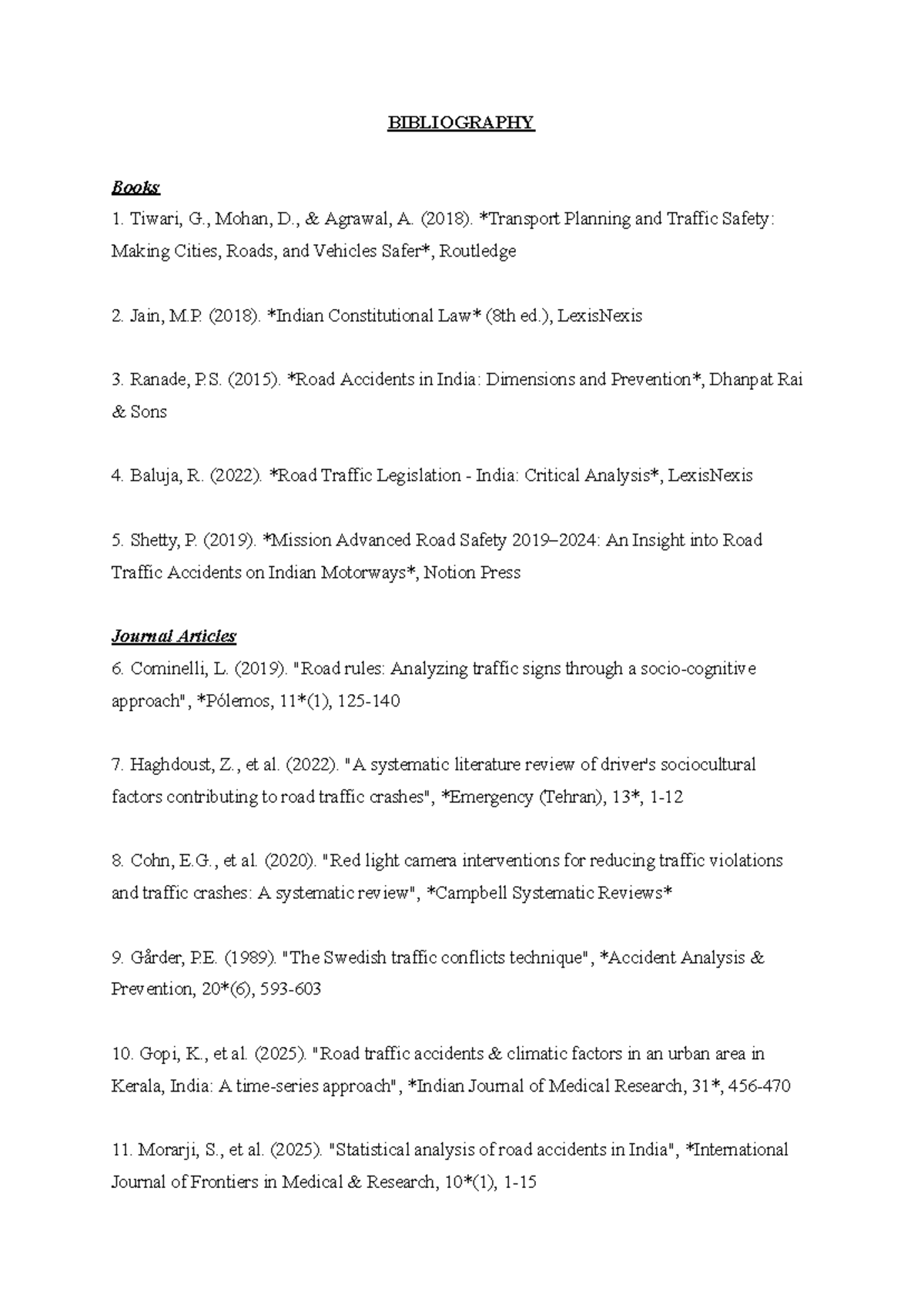 Bibliography for ADR-1: Traffic Safety and Legislation Resources - Studocu