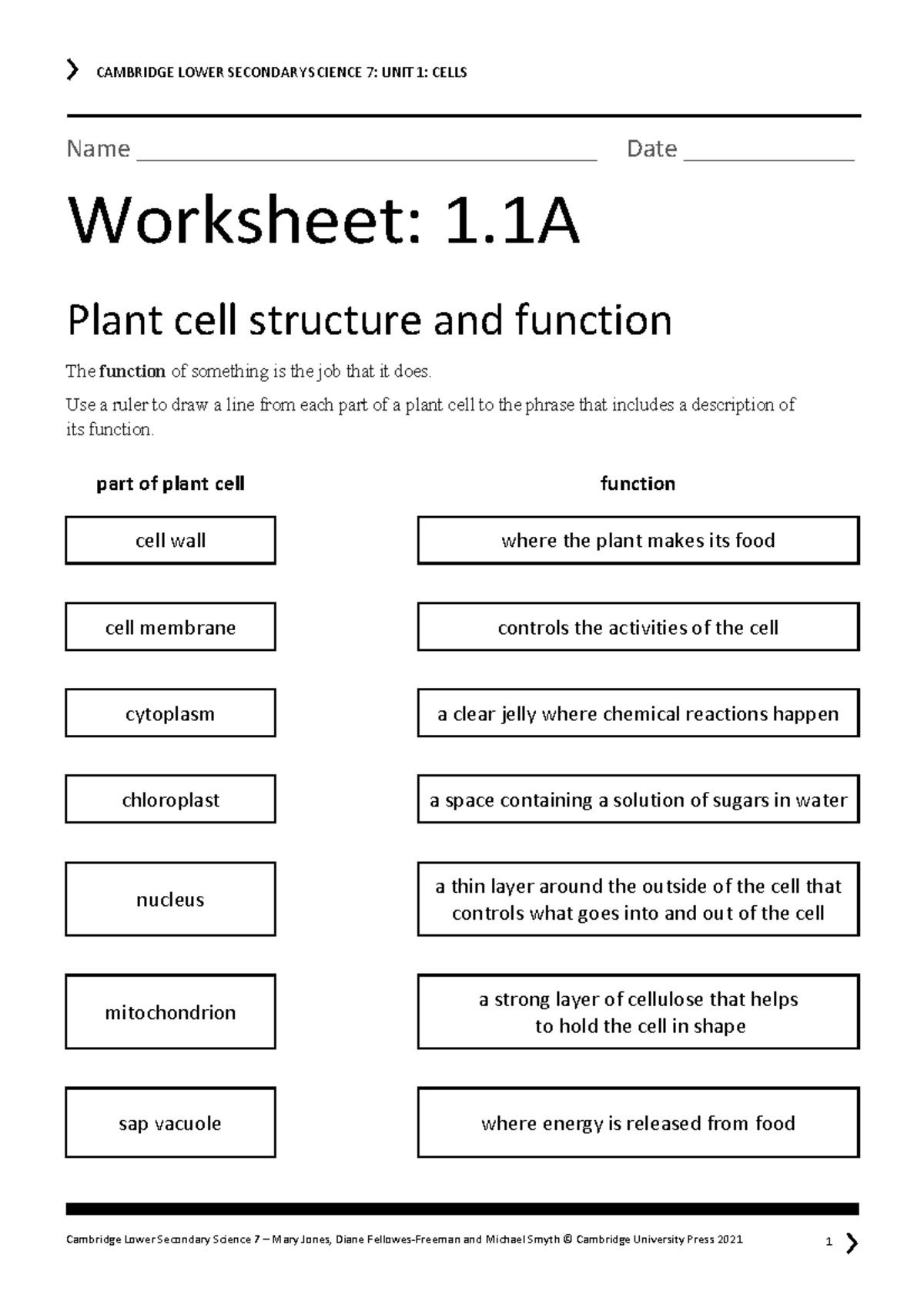 CAMBRIDGE LOWER SECONDARY SCIENCE 7: UNIT 1 CELLS - Important Notes ...