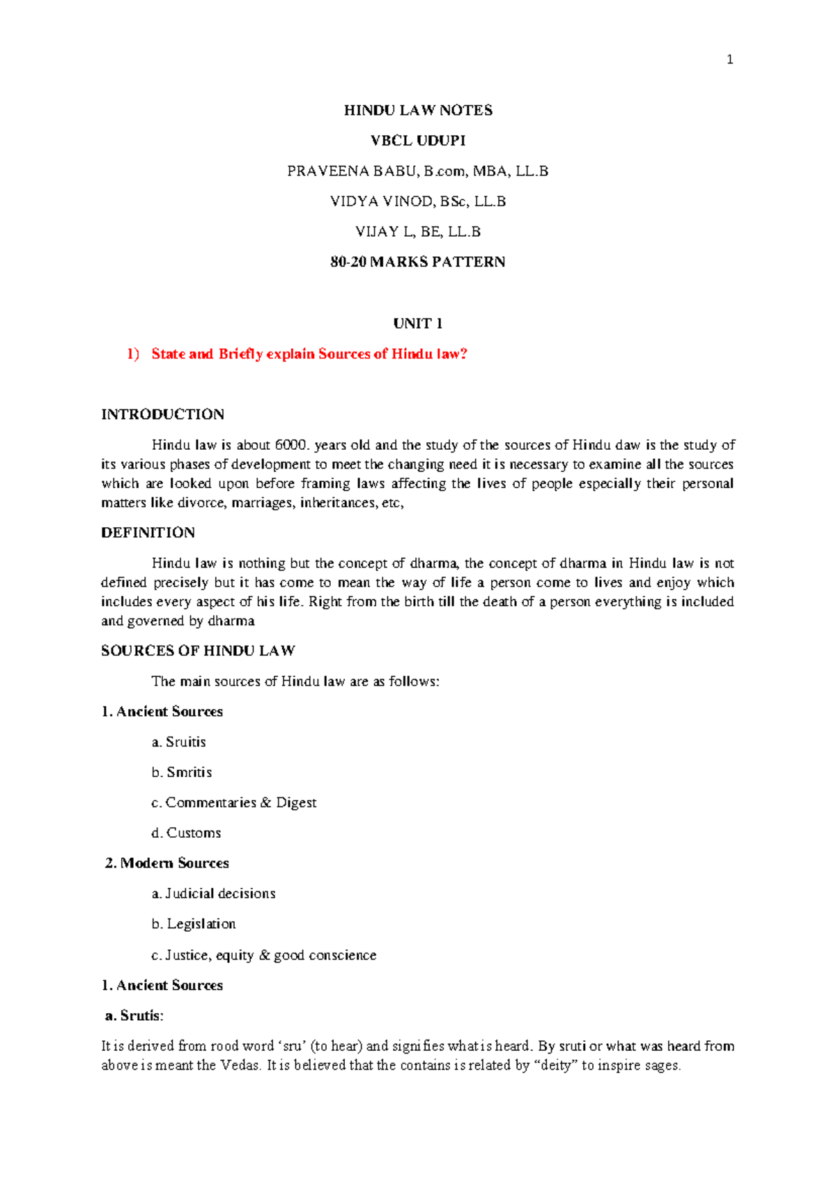 HINDU LAW NOTES (VBCL) - SOURCES, MARRIAGE, AND DIVORCE - Studocu