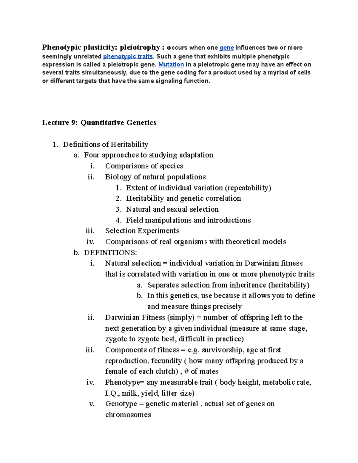 Biol 105 Midterm 2 - Professor Theodore Garland - Phenotypic plasticity ...
