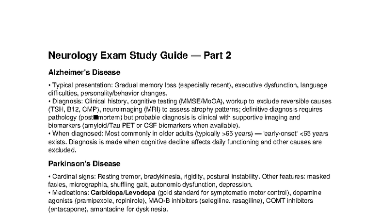 Neuro Exam Study Guide Part 2: Key Diseases and Management - Studocu