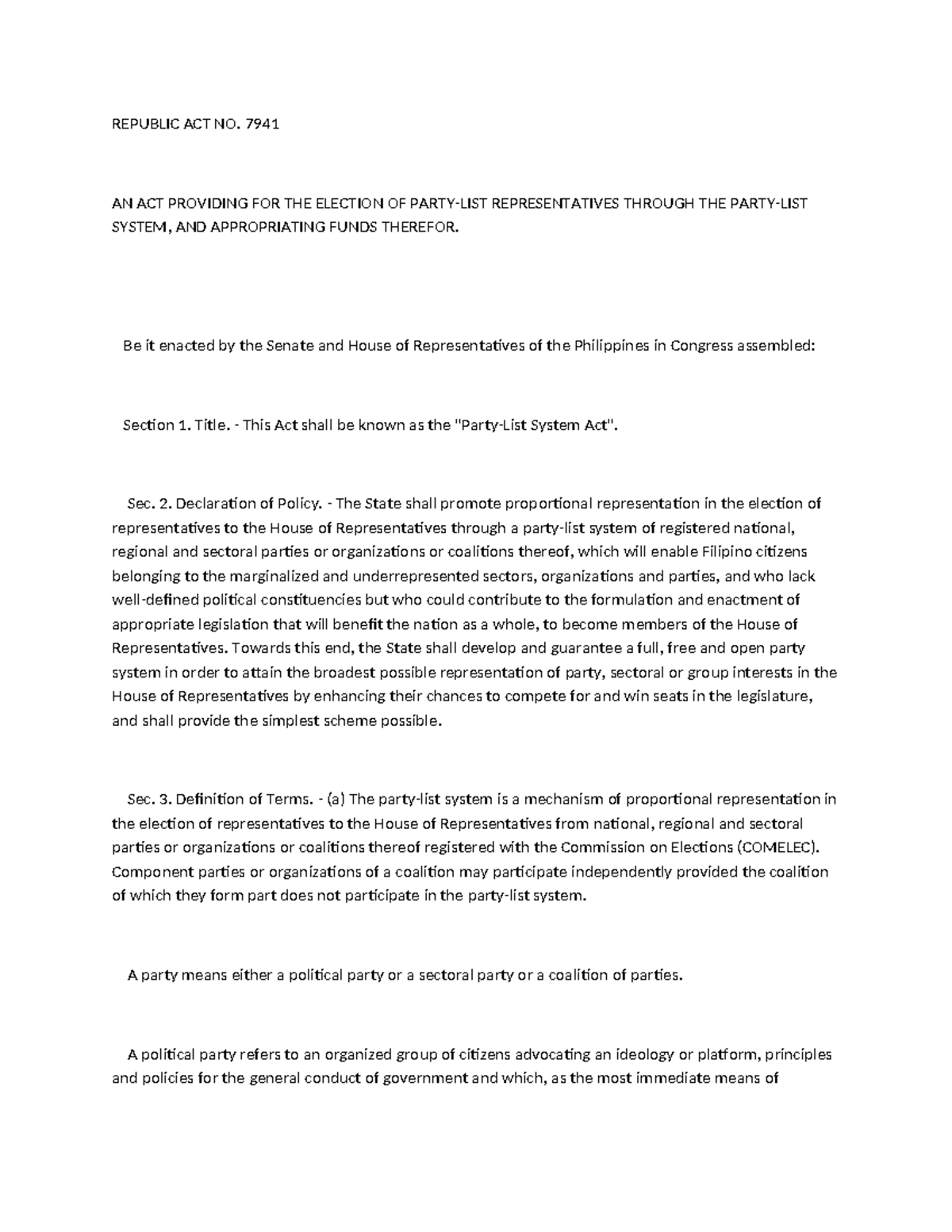 Republic Act No. 7941: Proportional Representation System in Elections ...