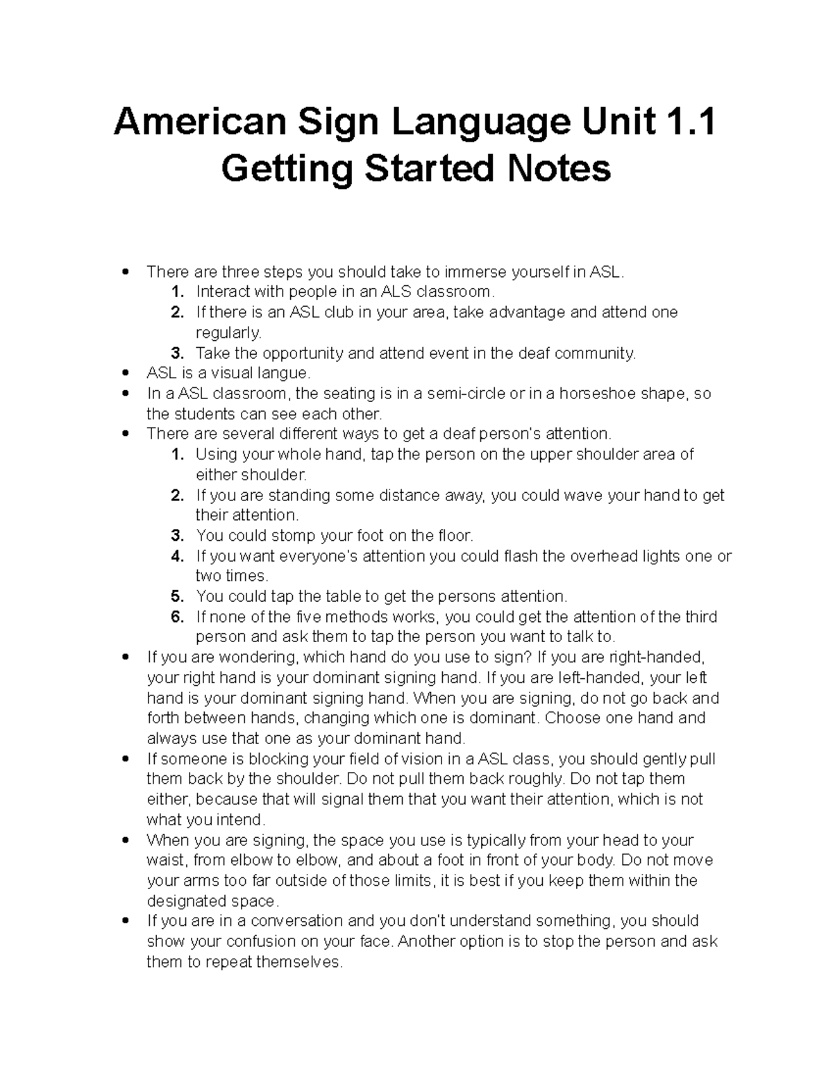 ASL UNIT 1.1: Introductory Notes for American Sign Language Learners ...