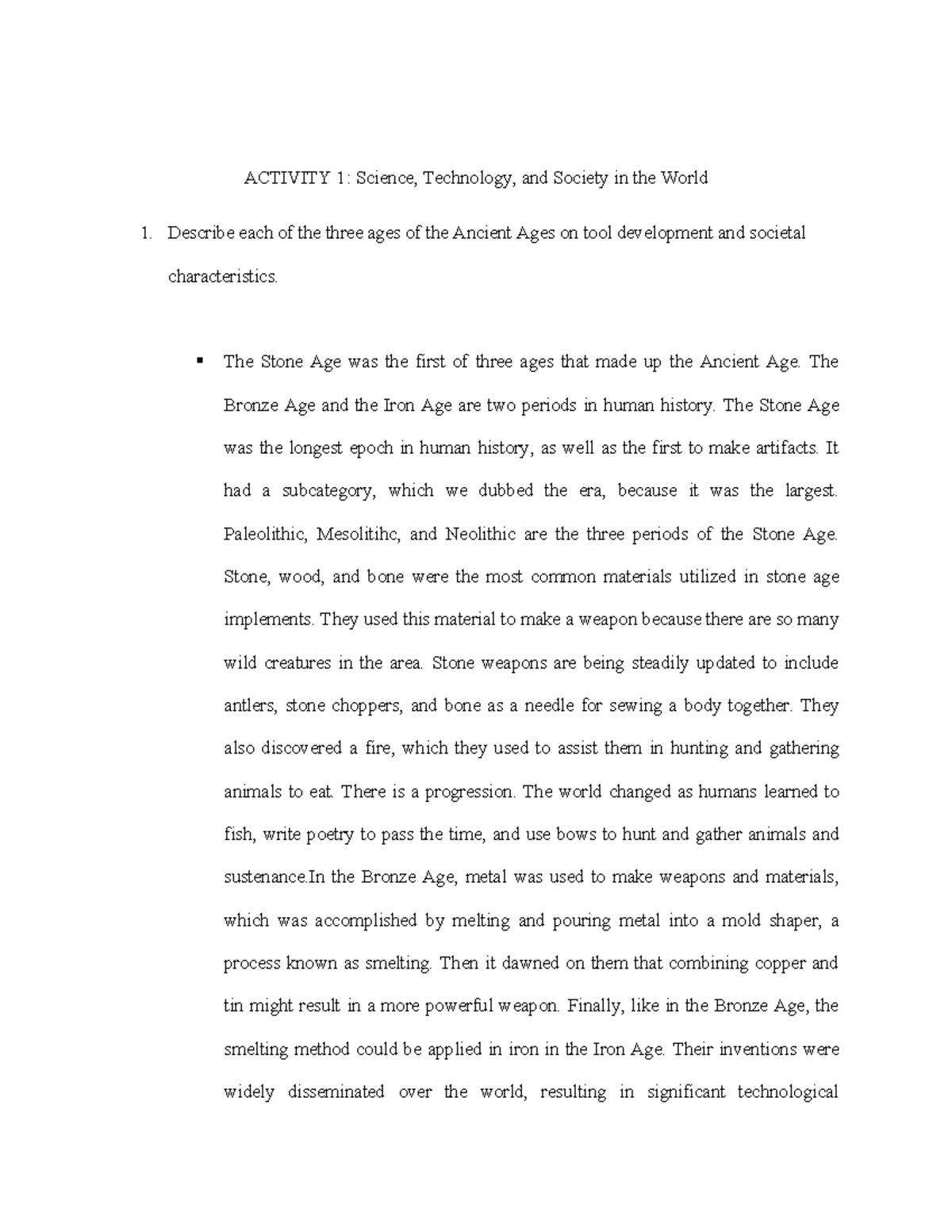 Activity 1: Exploring the Stone Age and Technological Evolution in ...