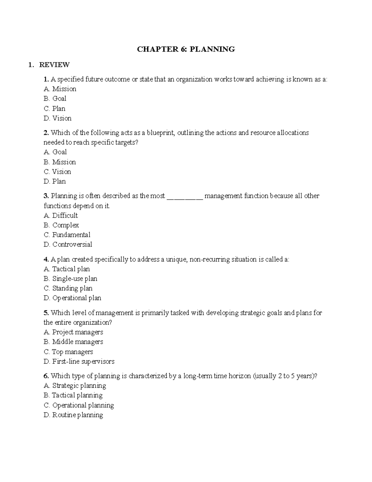 CHAPTER 6: PLANNING - REVIEW QUESTIONS AND ANSWERS - Studocu