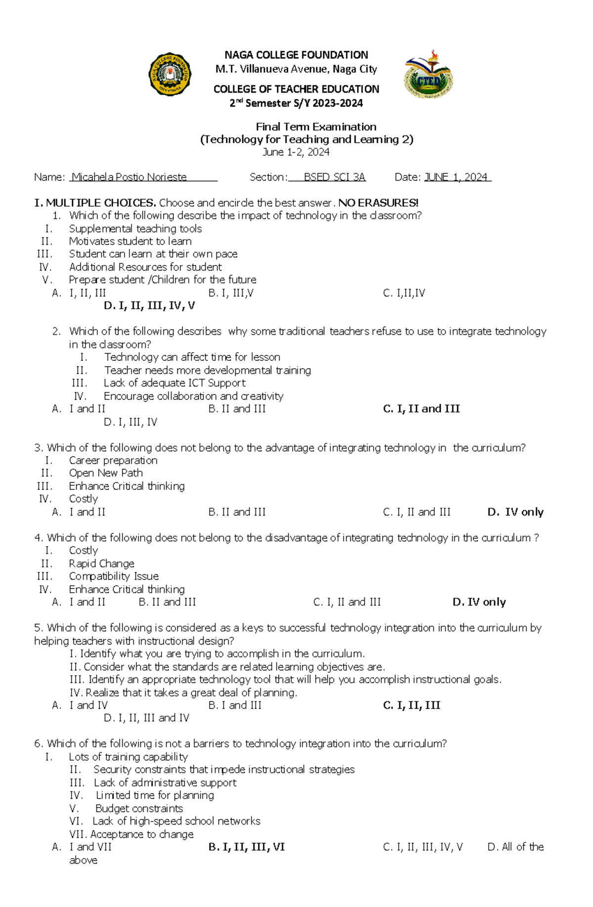Final Term Exam - Technology for Teaching and Learning 2 (June 2024 ...