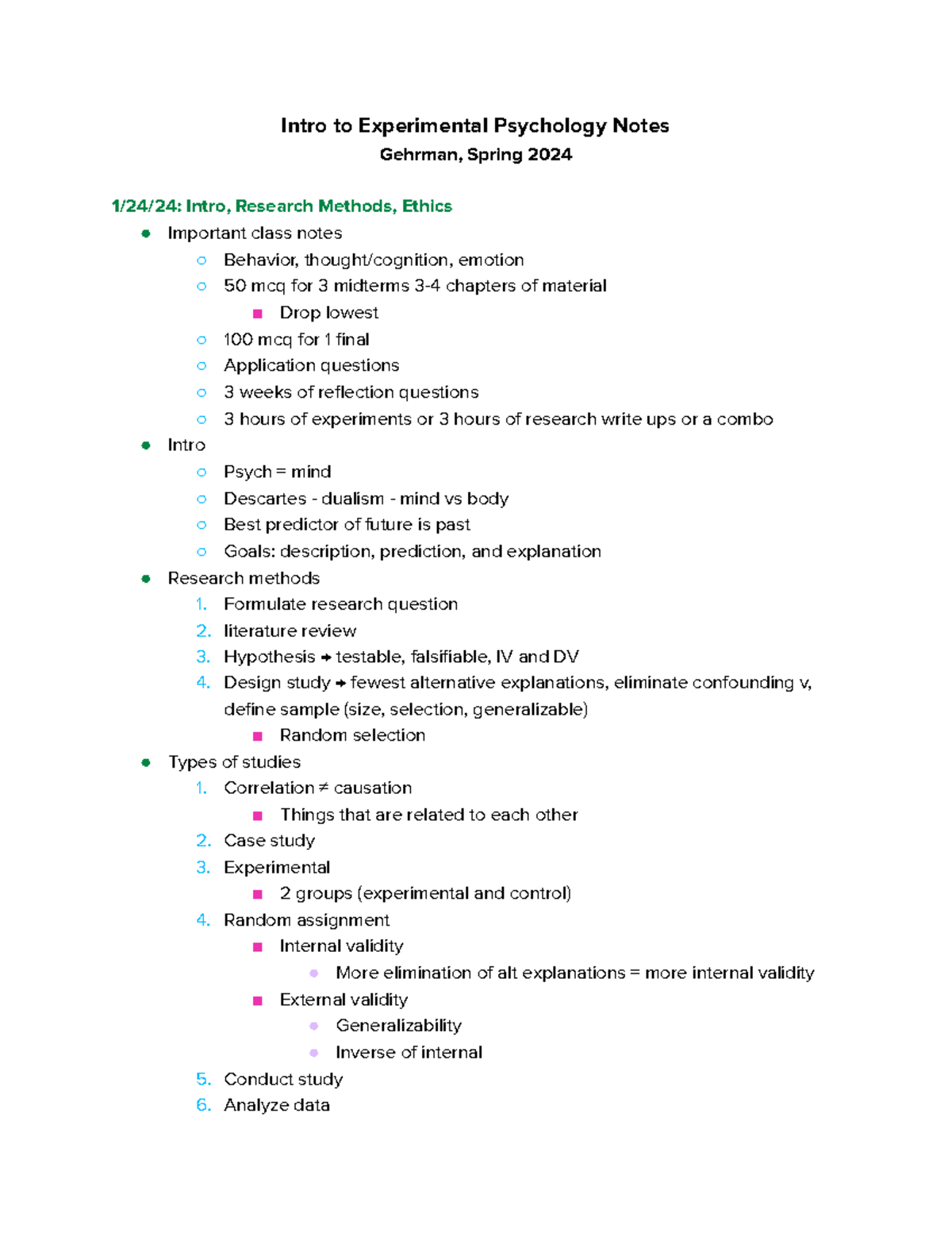 Intro to Experimental Psychology (PSY 101) Class Notes, Spring 2024 ...