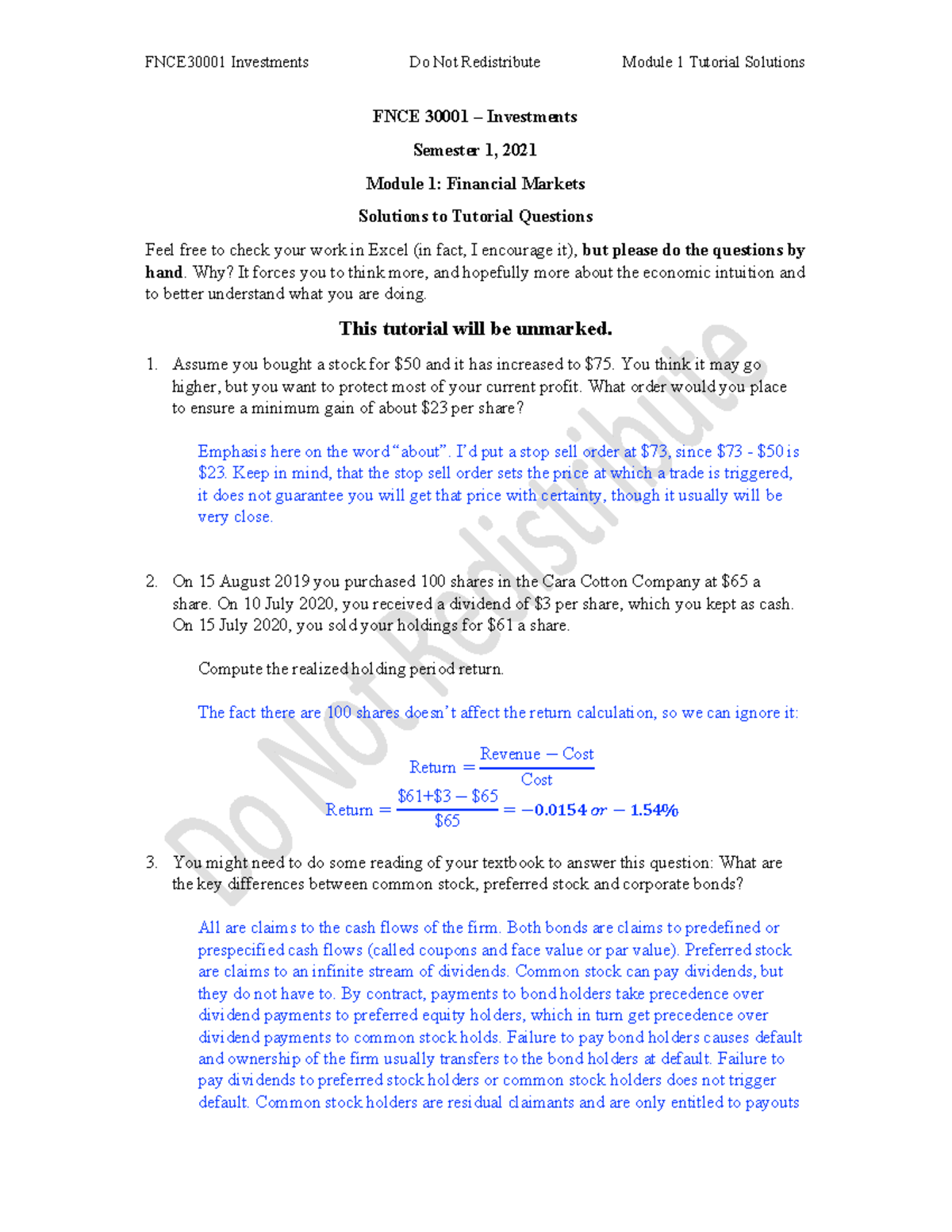 Financial Markets Tutorial Solutions - FNCE 30001 – Investments ...