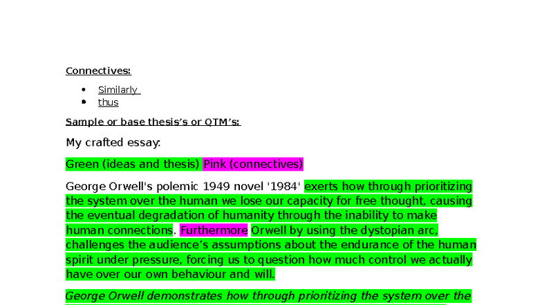 George Orwell - 1984 Essay Analysis on Humanity and Control - Studocu