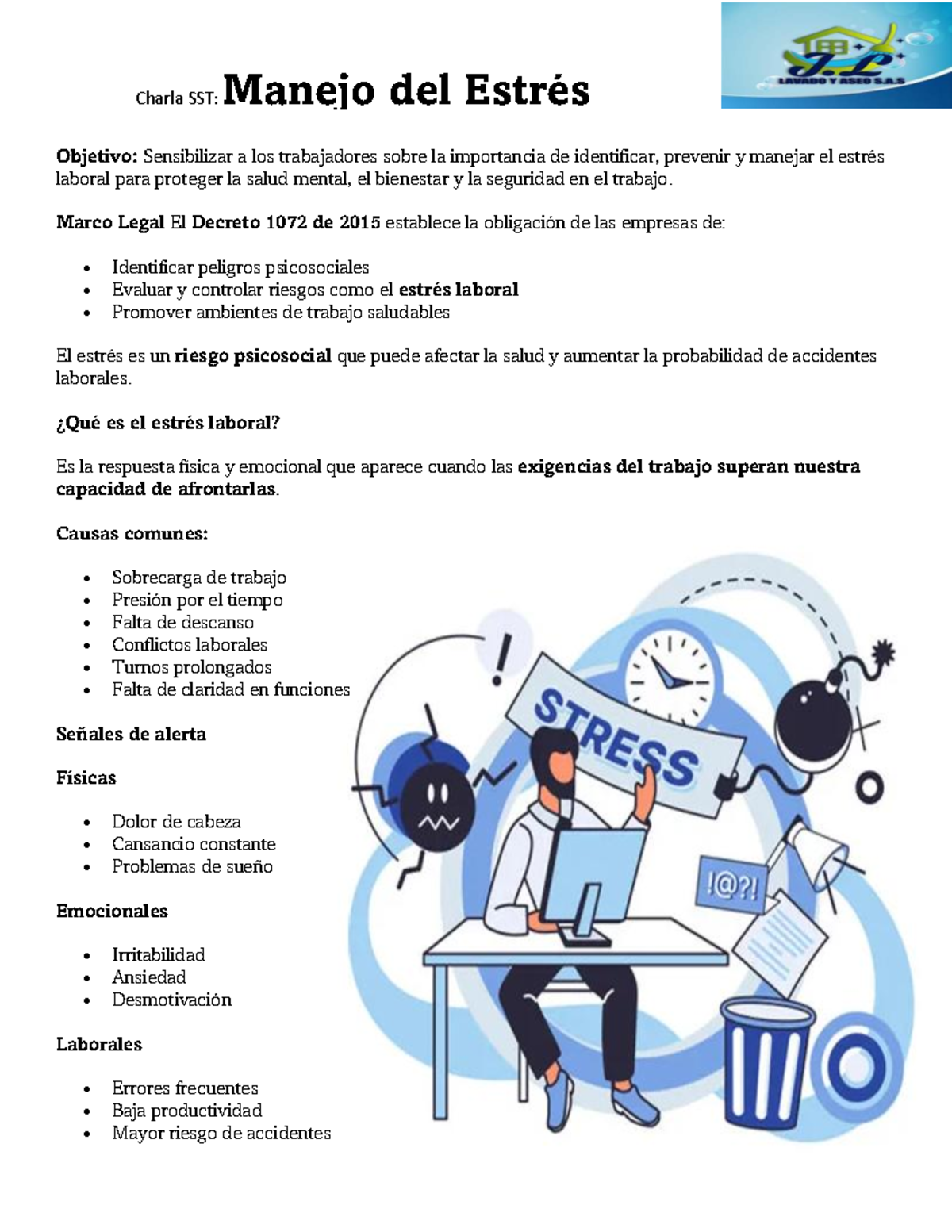 Charla SST: Manejo del Estrés Laboral y Prevención de Riesgos - Studocu