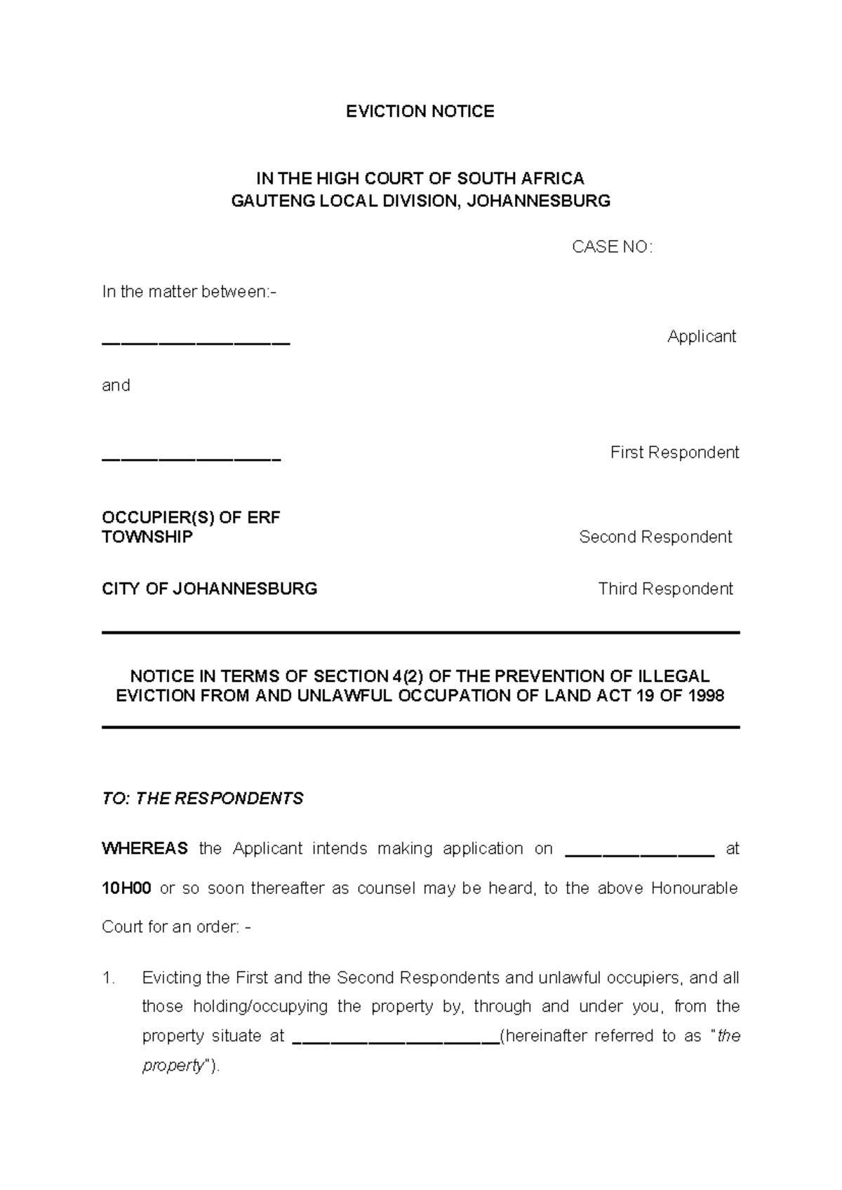 Section 4(2) Eviction Notice Precedent - High Court Guidelines - Studocu