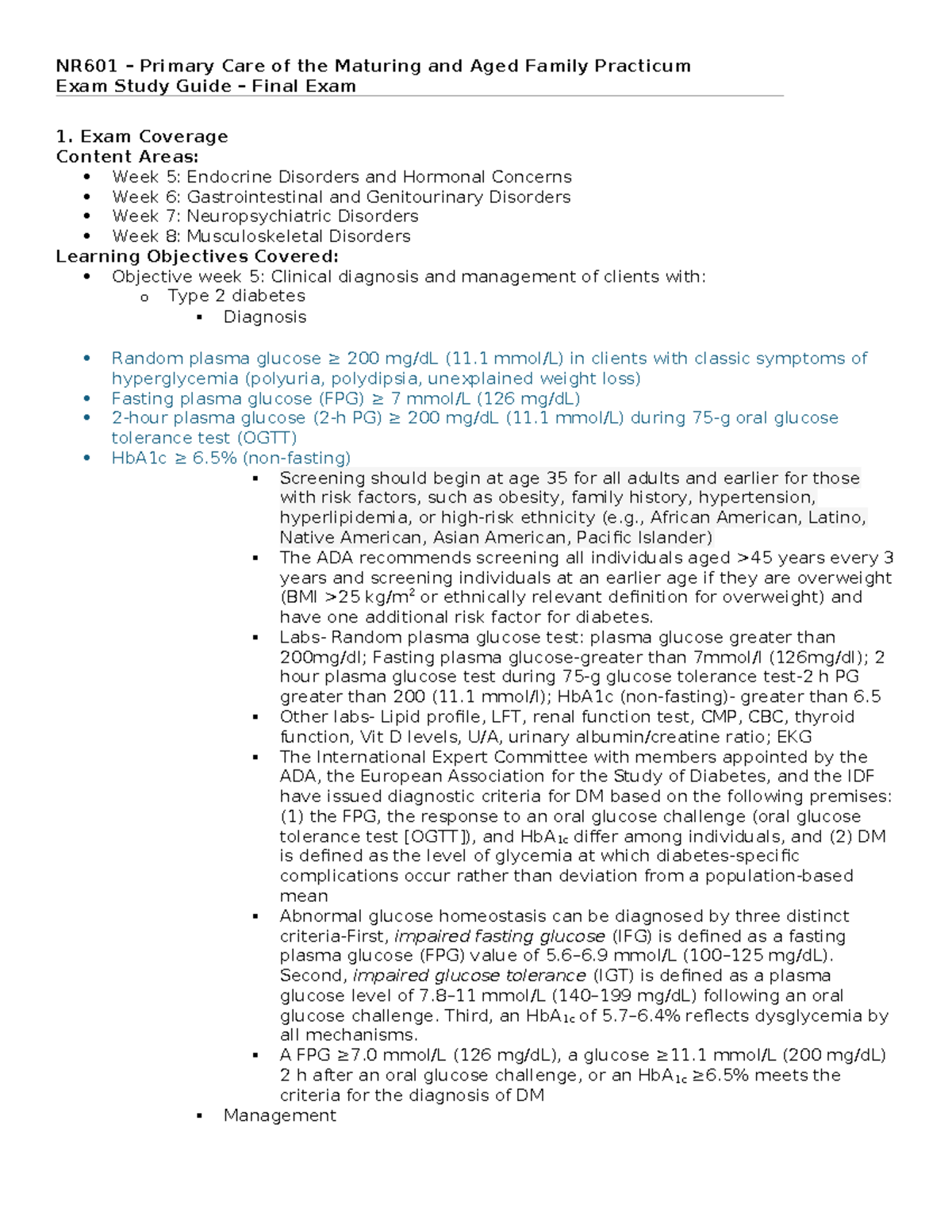 NR601 Final Exam Study Guide: Endocrine, GI, Neuro, and Musculoskeletal ...