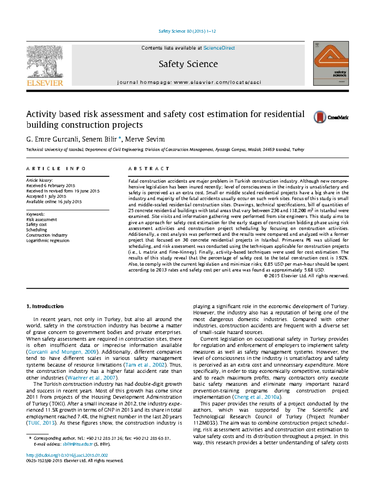 Safety Science 80: Activity-Based Risk Assessment & Cost Estimation in ...