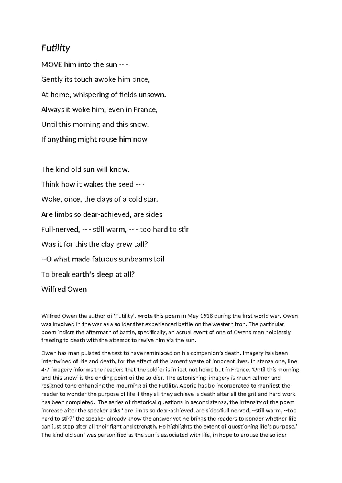 Futility - Poetic Analysis and Insights on Wilfred Owen's Work - Studocu
