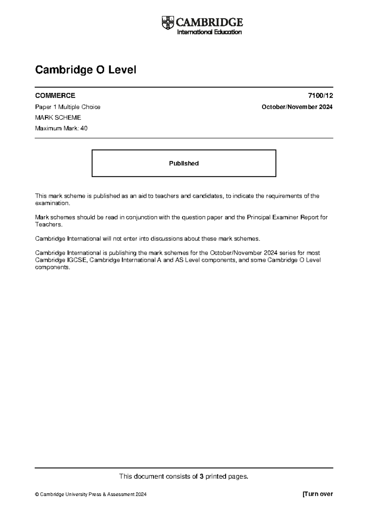 Cambridge O Level COMMERCE Paper 1 MCQ Mark Scheme 2024 - Studocu