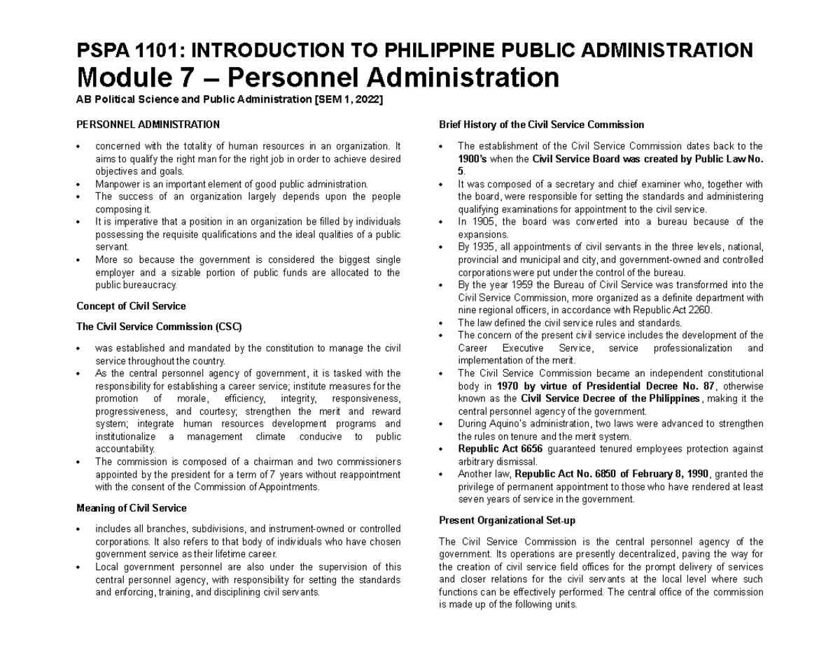 Module 7 - Personnel Administration in PSPA 1101: A Comprehensive ...