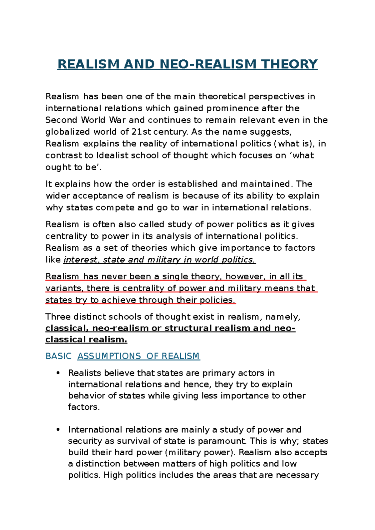 Realism and Neo-Realism: Key Theories in IR Analysis - Studocu