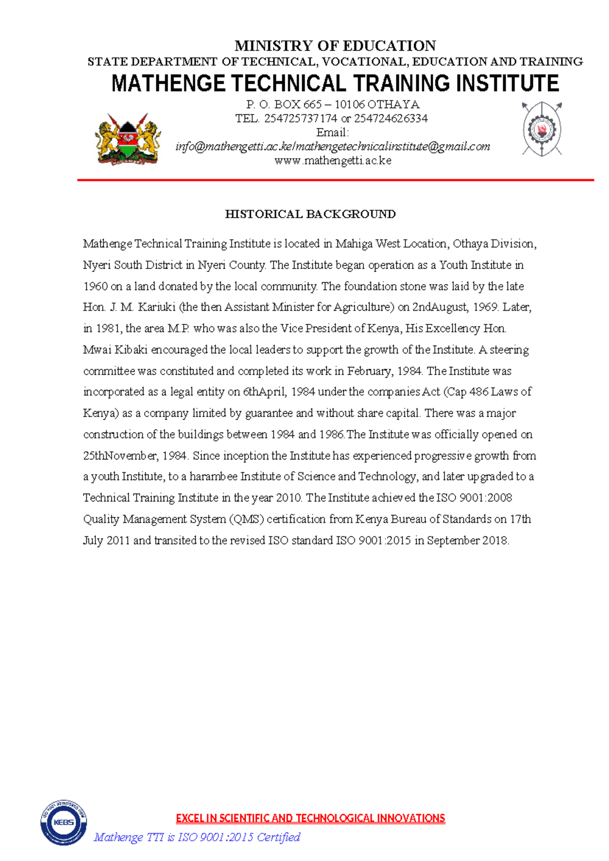 Historical Background - Mathenge TTI is ISO 9001:2015 Certified ...