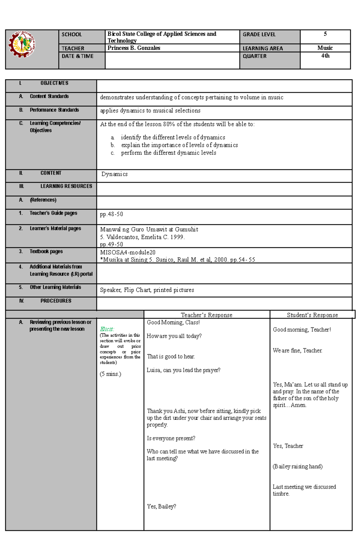 DETAILED MUSIC LESSON PLAN FOR GRADE 5 (QT 4) - BY PRINCESS B. GONZALES ...