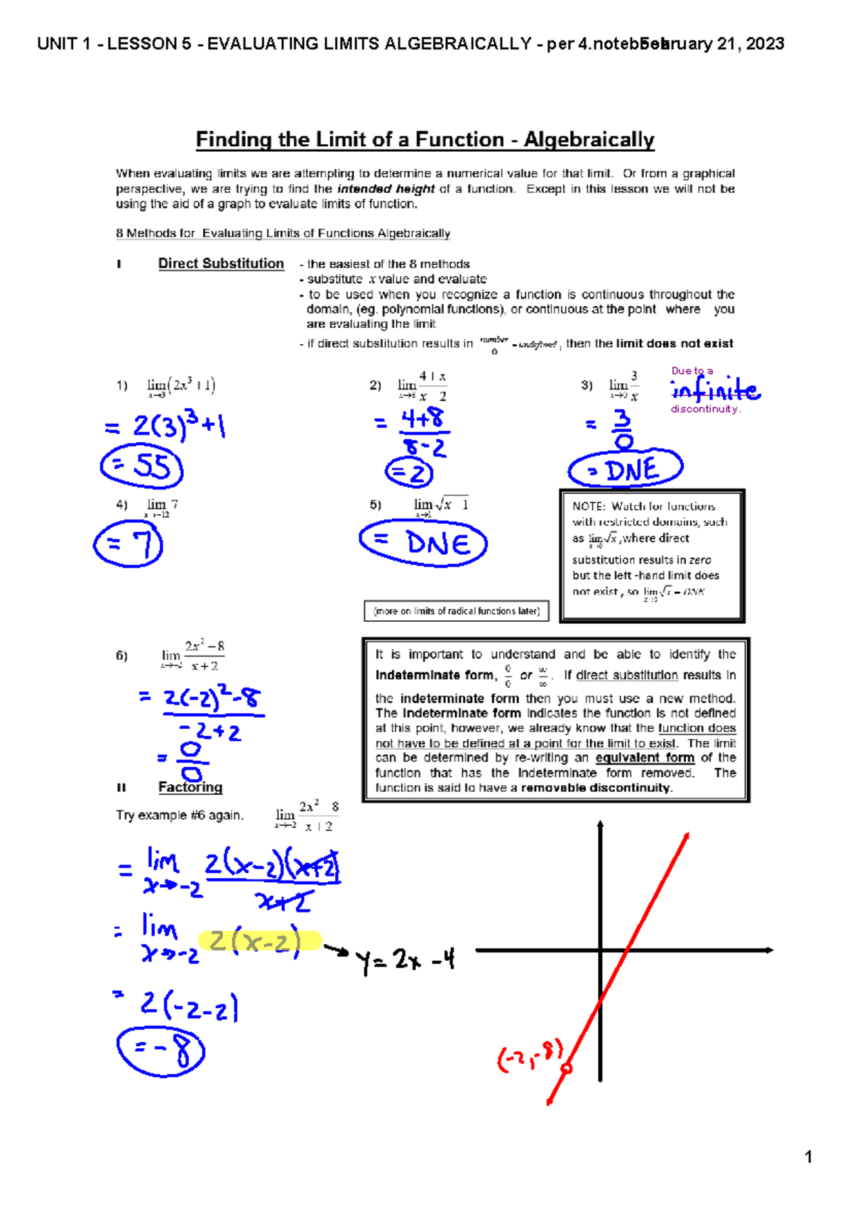 EVALUATING LIMITS ALGEBRAICALLY - Due to a ______________ discontinuity ...