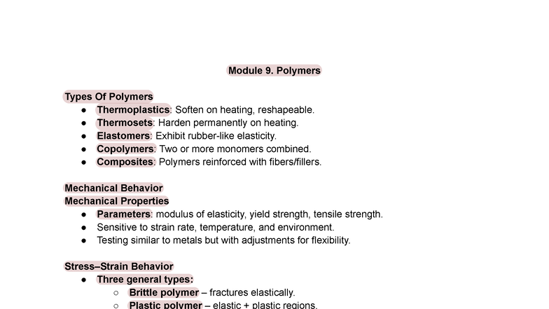 Module 9: Overview of Polymer Types and Mechanical Properties - Studocu