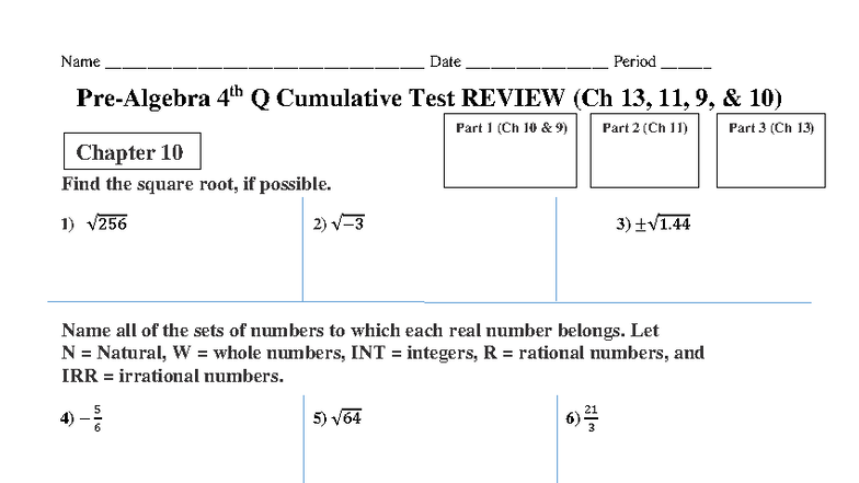 4th Q Cumulative Test Review (Ch 9-13) - Math Concepts & Problems - Studocu