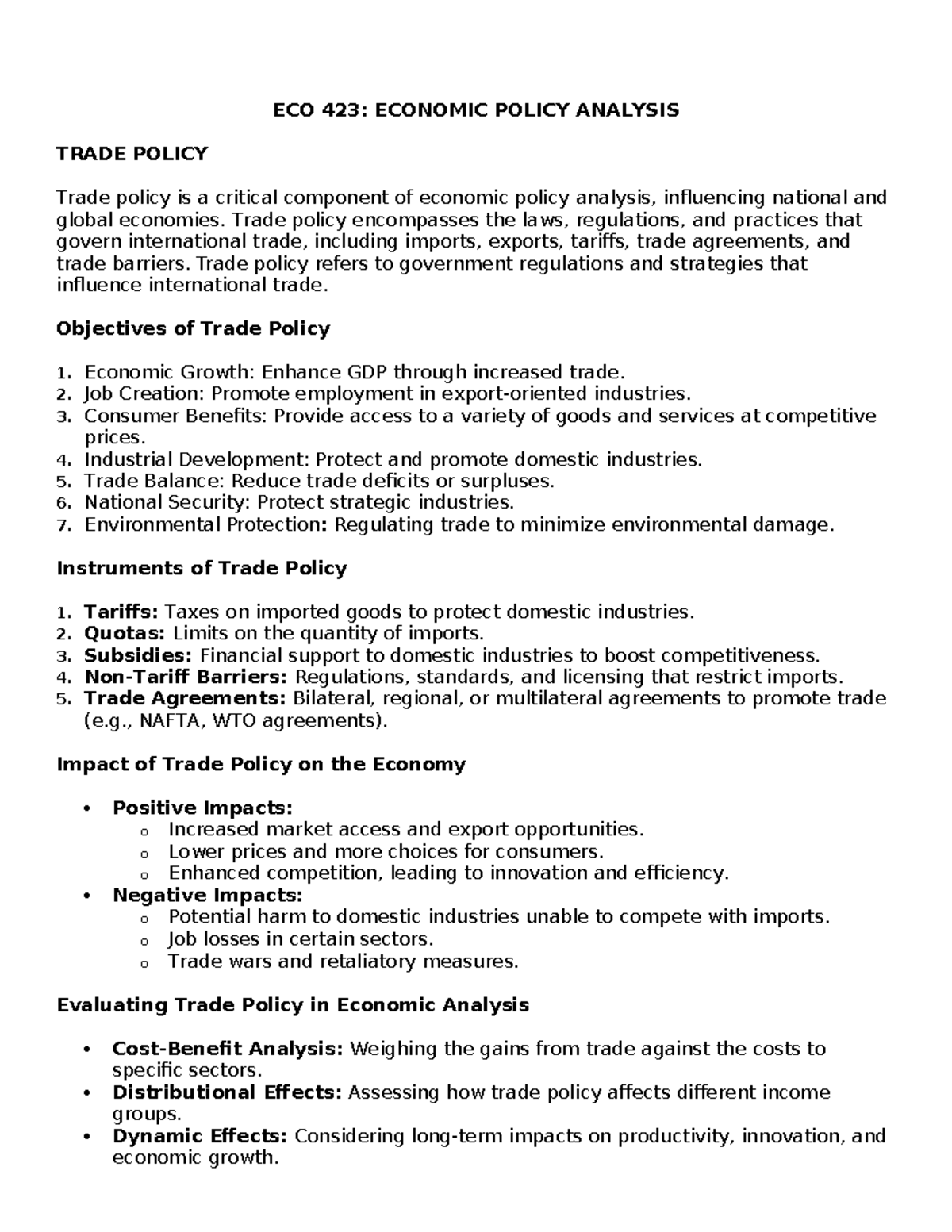 Trade Policy Analysis in ECO 423: Impact on Growth & Development - Studocu