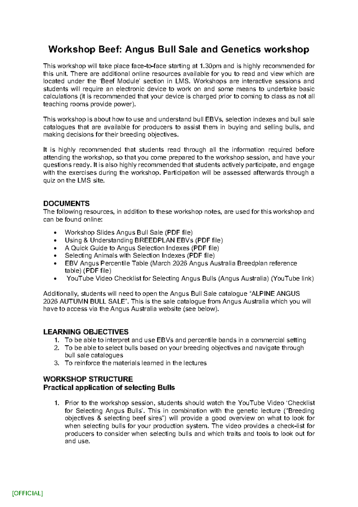 Workshop Notes: Beef Angus Bull Sale & Genetics 2026 - Studocu