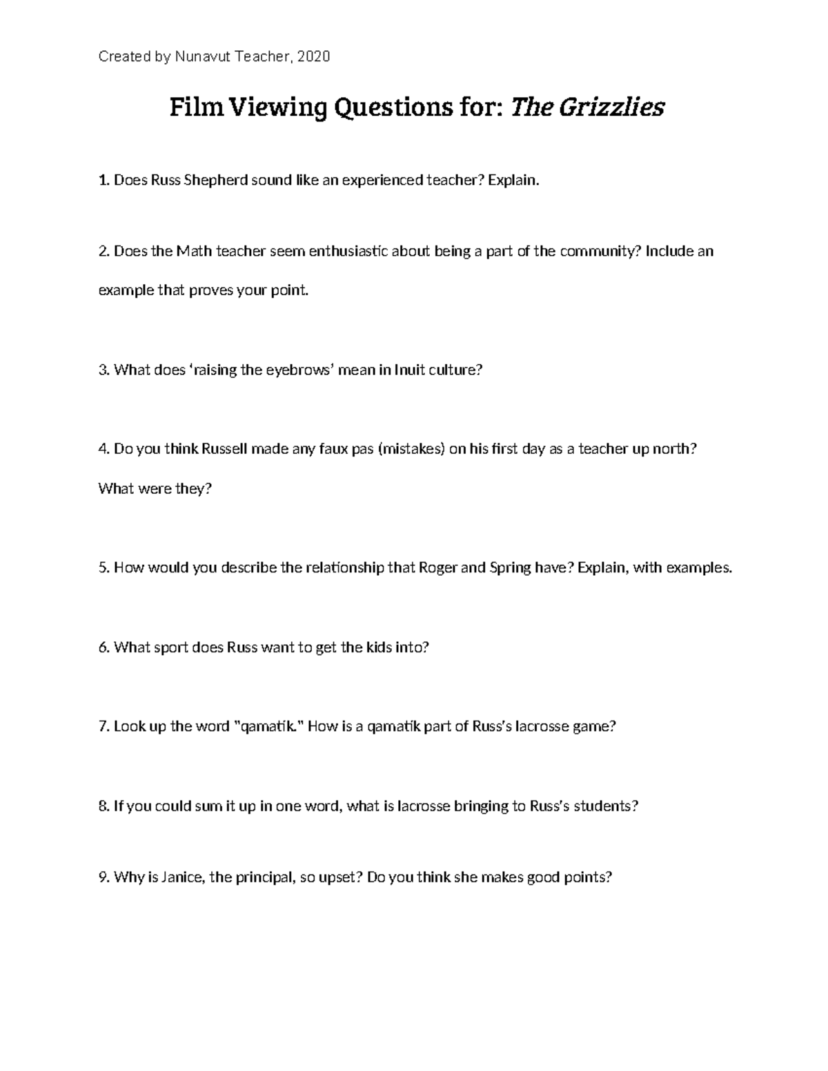 The Grizzlies Film Viewing Questions: Homework Answers Guide - Studocu