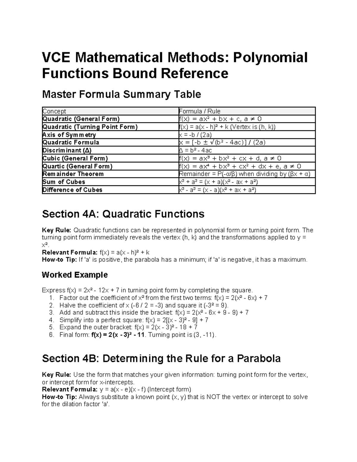 VCE Mathematical Methods: Chapter 4 Polynomial Functions Summary - Studocu