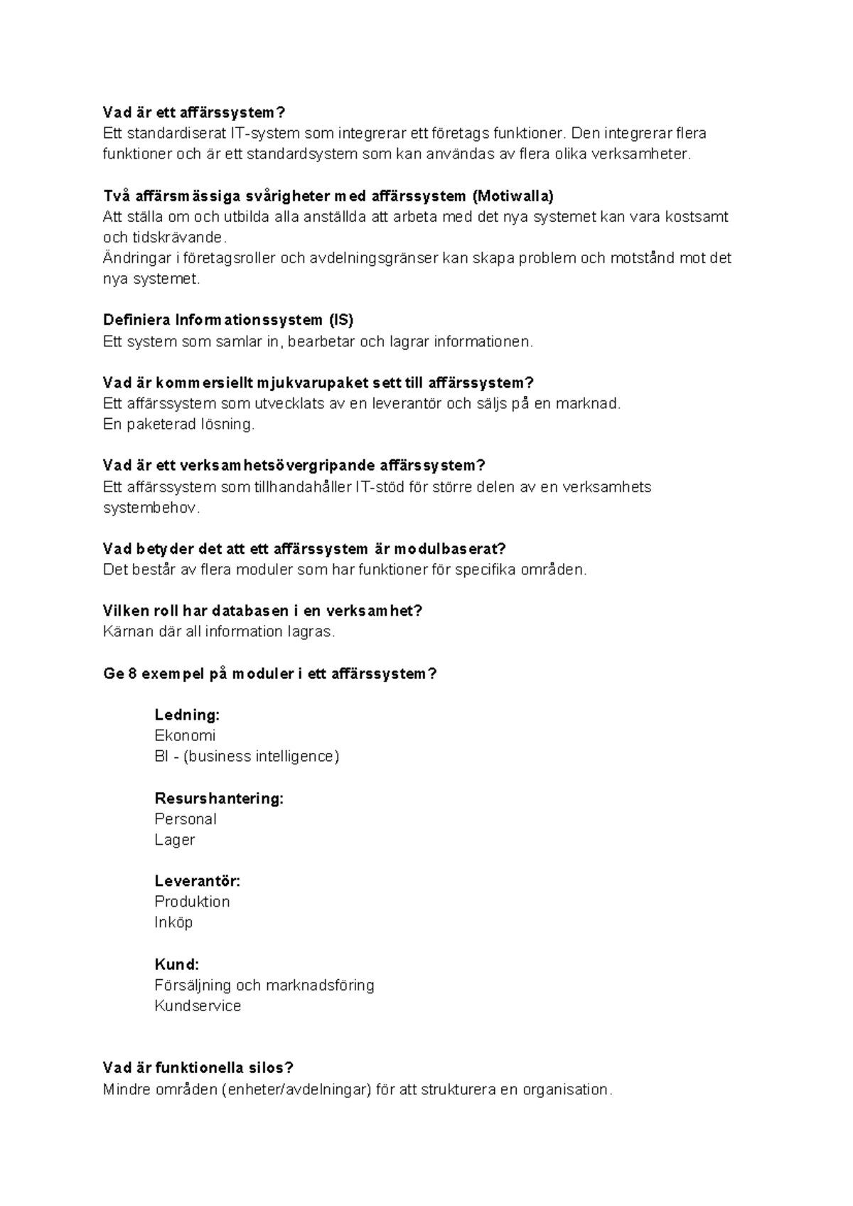 ERP - Inför tenta - Vad är ett affärssystem? Ett standardiserat IT ...
