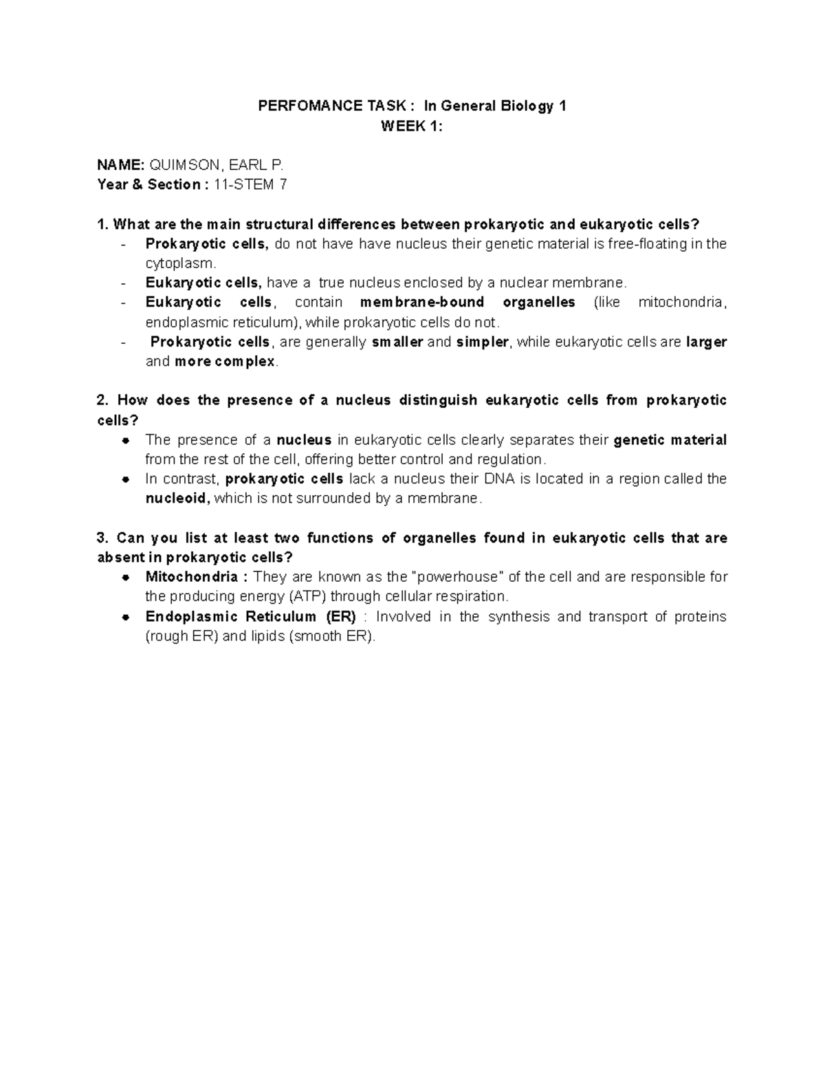 General Biology 1 Performance Task: Prokaryotic vs Eukaryotic Cells - Studocu