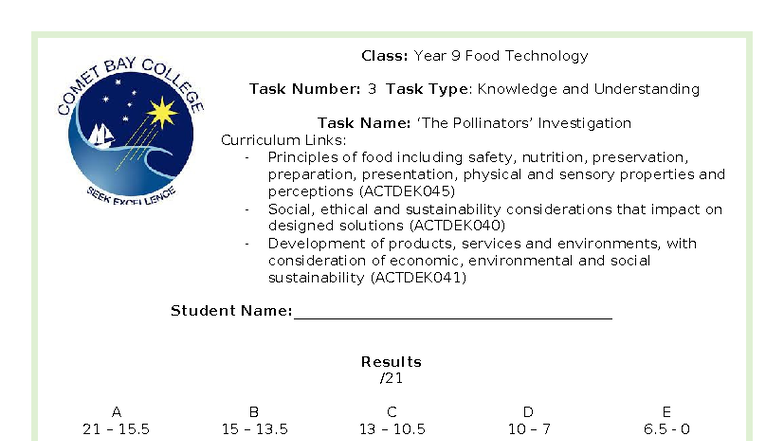 Year 9 Food Tech Task 3: The Pollinators Investigation - Studocu