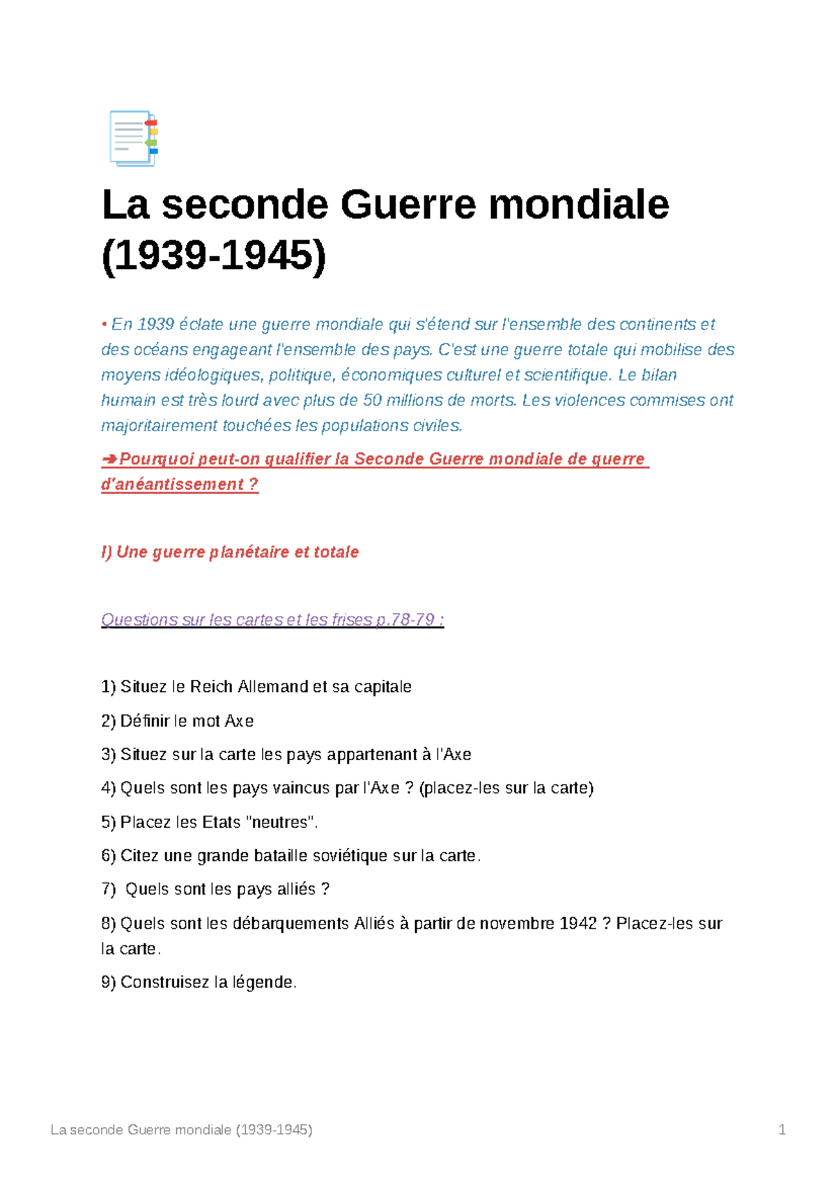 La Seconde Guerre mondiale (1939-1945) - Histoire 3e Notes de Cours ...