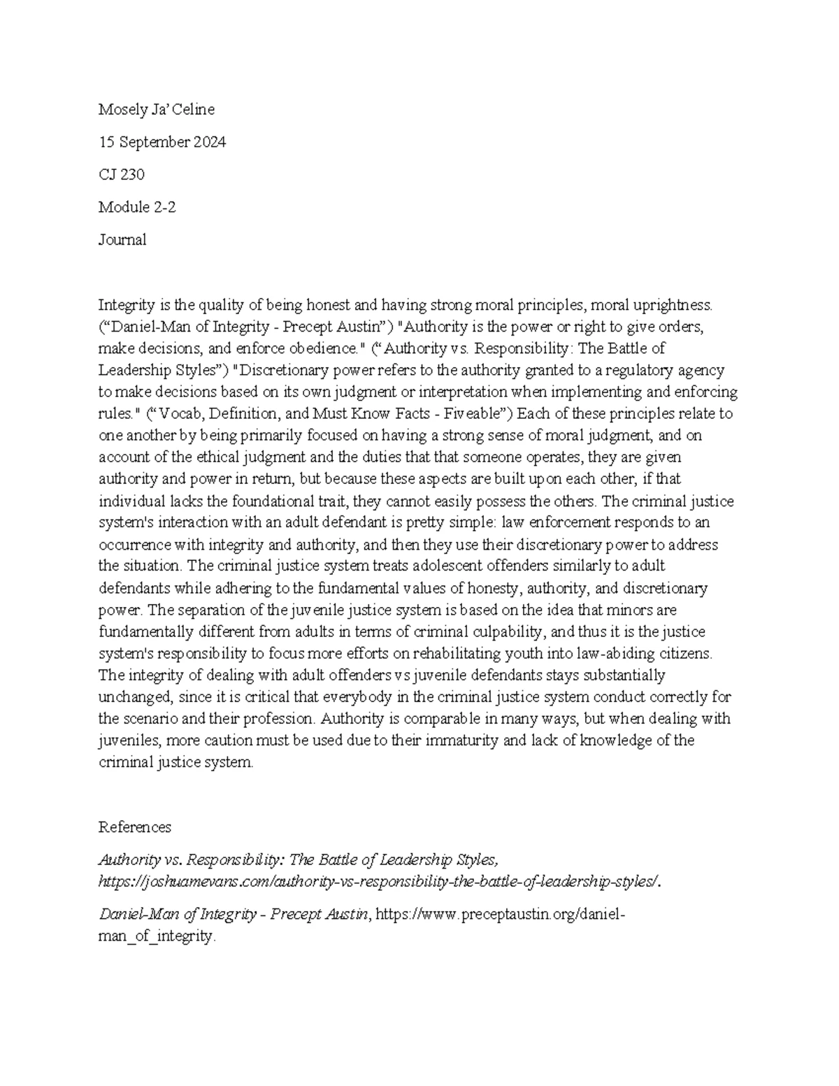 CJ 230 Module 5 Project One: Analyzing Discretion in Criminal Justice ...