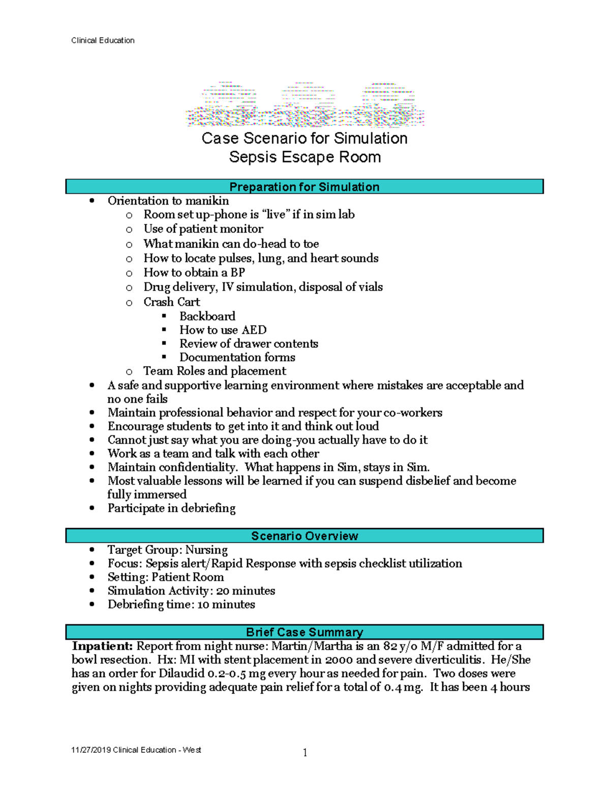 Sepsis Simulation Escape Room Case Study for Nursing (NUR 101) - Studocu