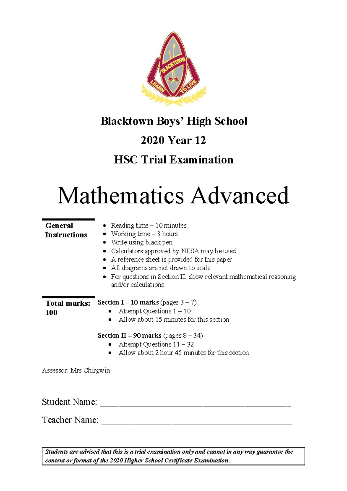 BBHS 2020 Year 12 Mathematics Advanced Trial Exam Guide - Studocu