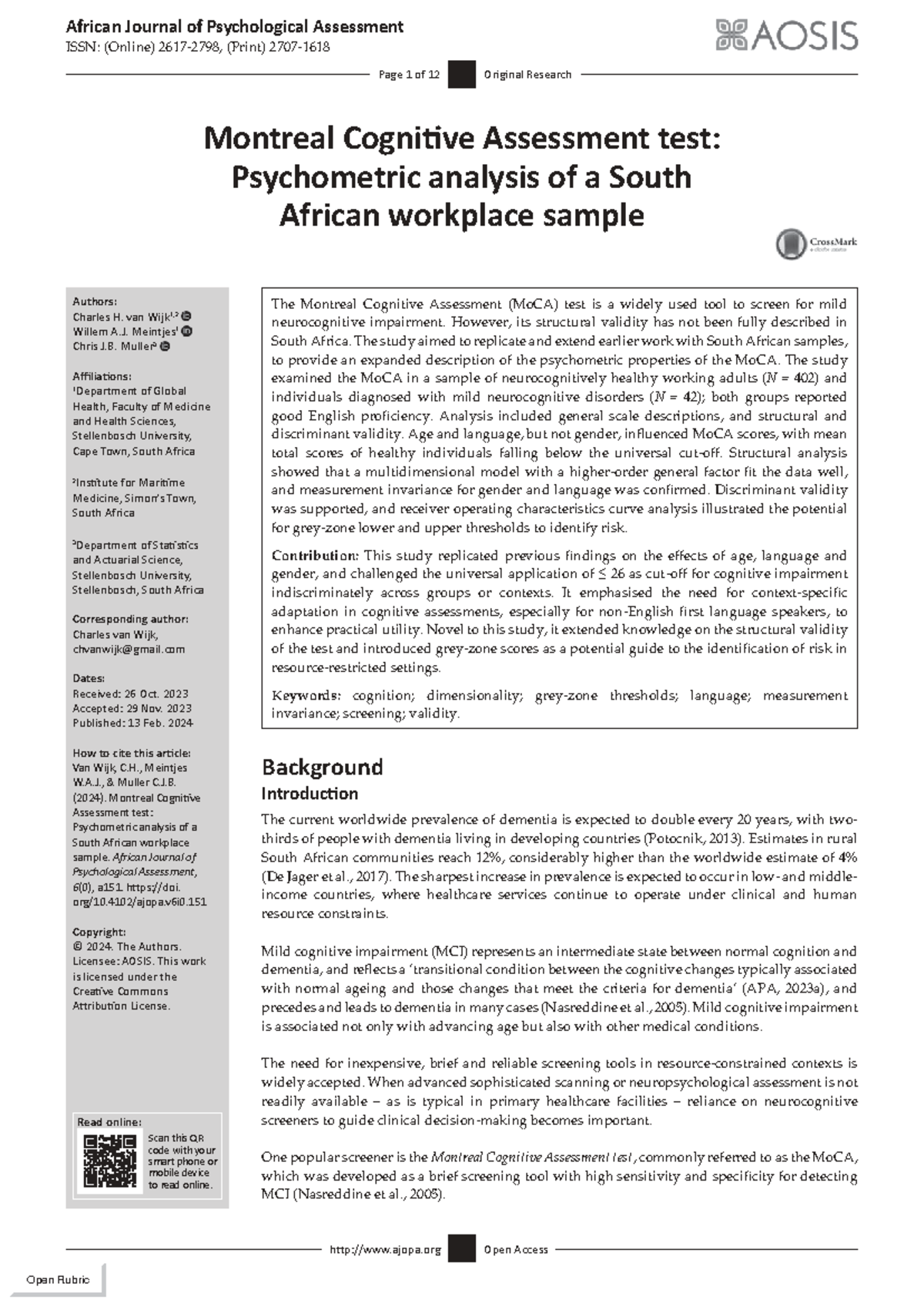 Montreal Cognitive Assessment (MoCA) Test: Psychometric Analysis in ...