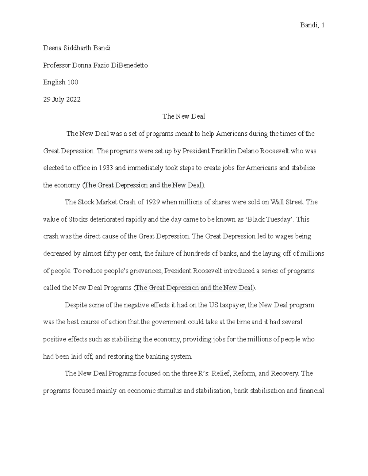 English 100 Essay: The Impact of the New Deal Programs - Studocu