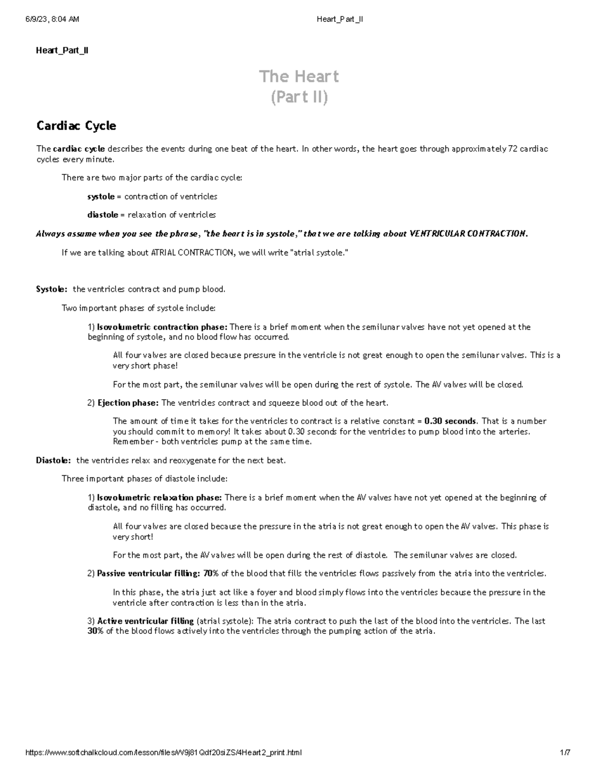 Heart (Part II) - Cardiac Cycle Overview and Key Concepts - Studocu