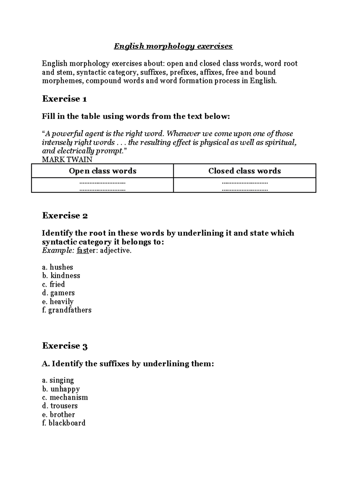 ENG 101: Morphology Exercises on Word Formation and Classes - Studocu