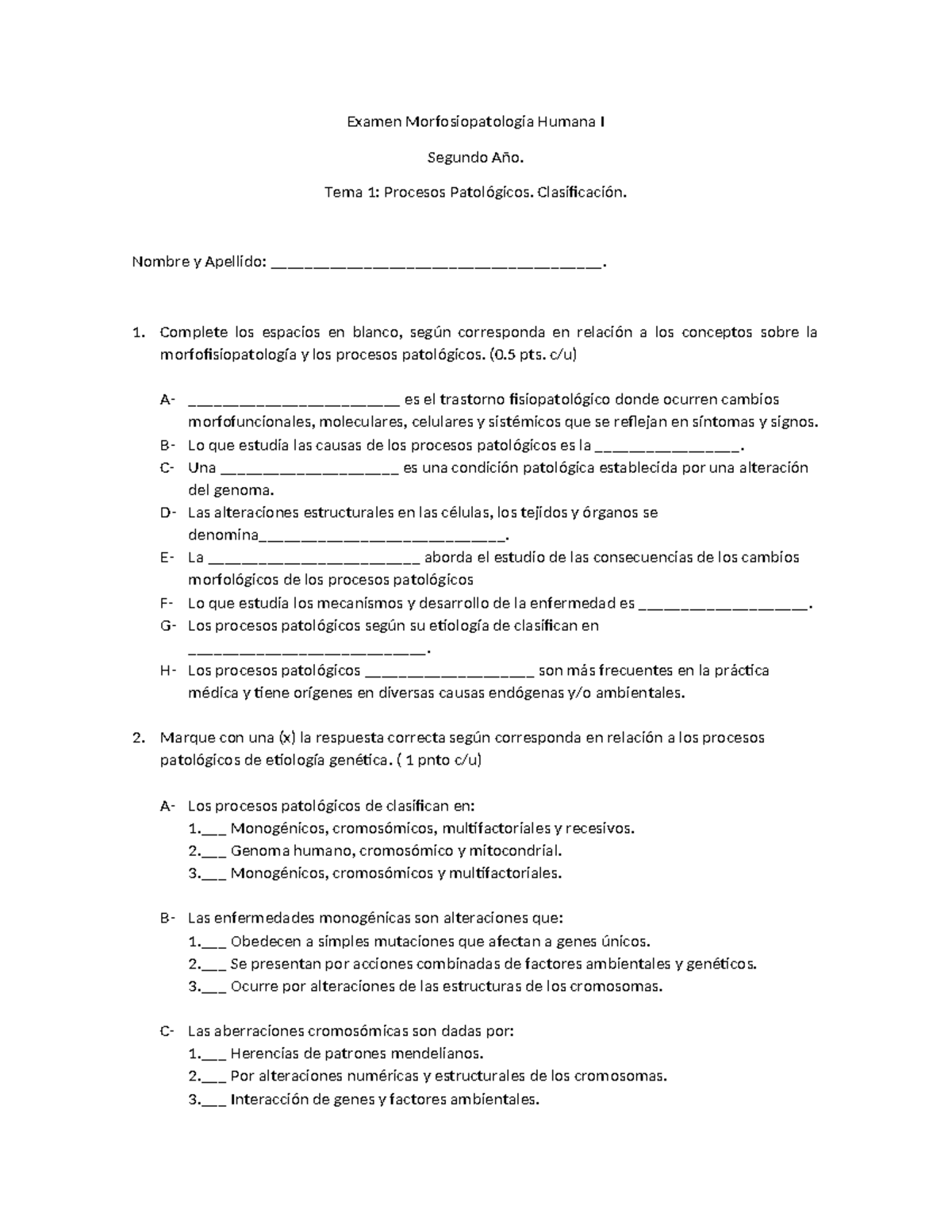 Examen Morfosiopatología Humana I: Procesos Patológicos y Clasificación ...