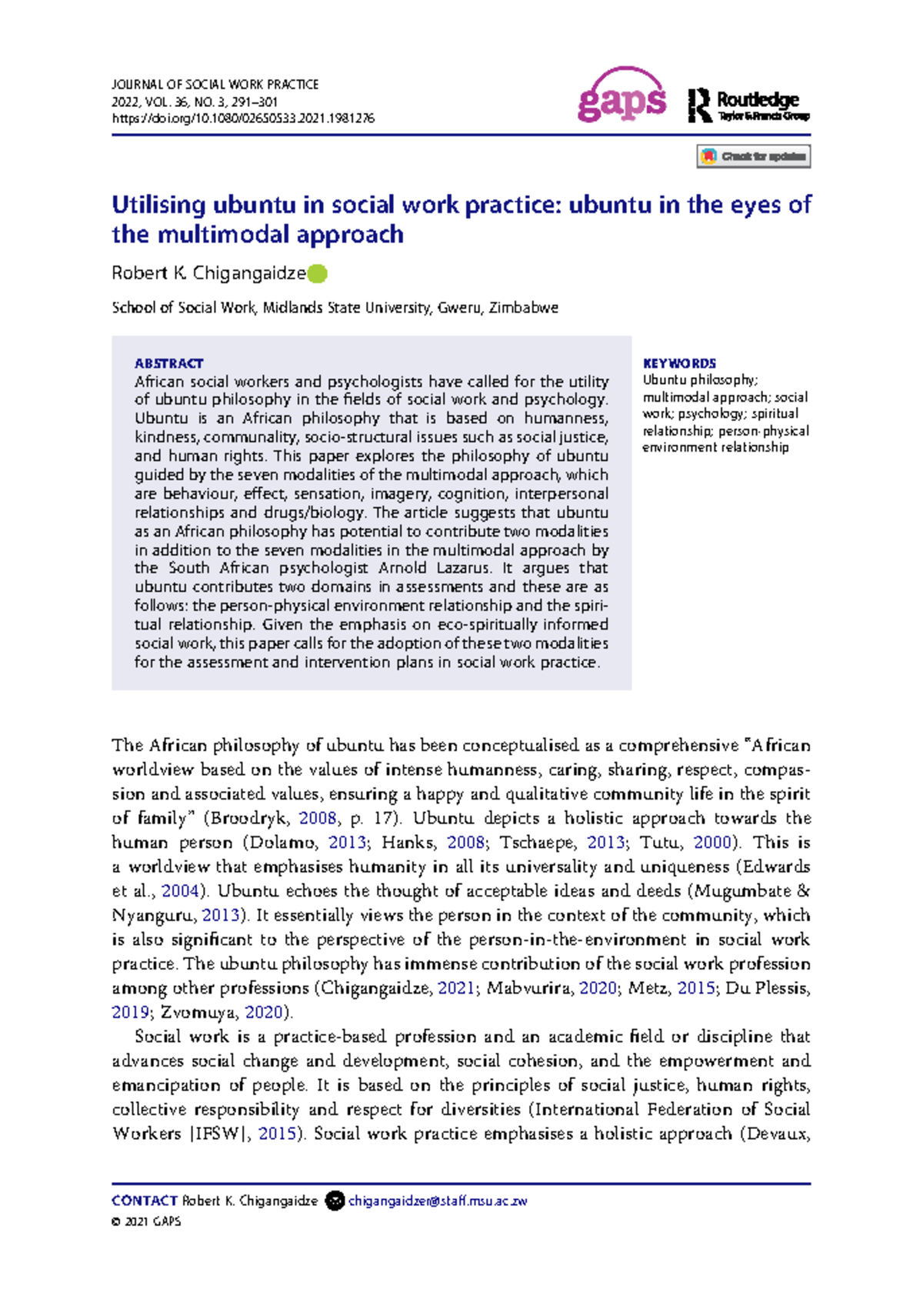 Ubuntu Philosophy in Social Work: Integrating Multimodal Approaches ...