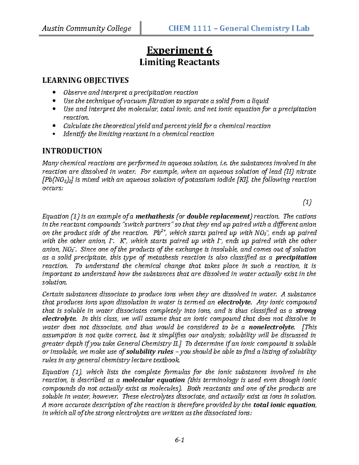 Experiment 6: Identifying Limiting Reactants in Precipitation Reactions ...