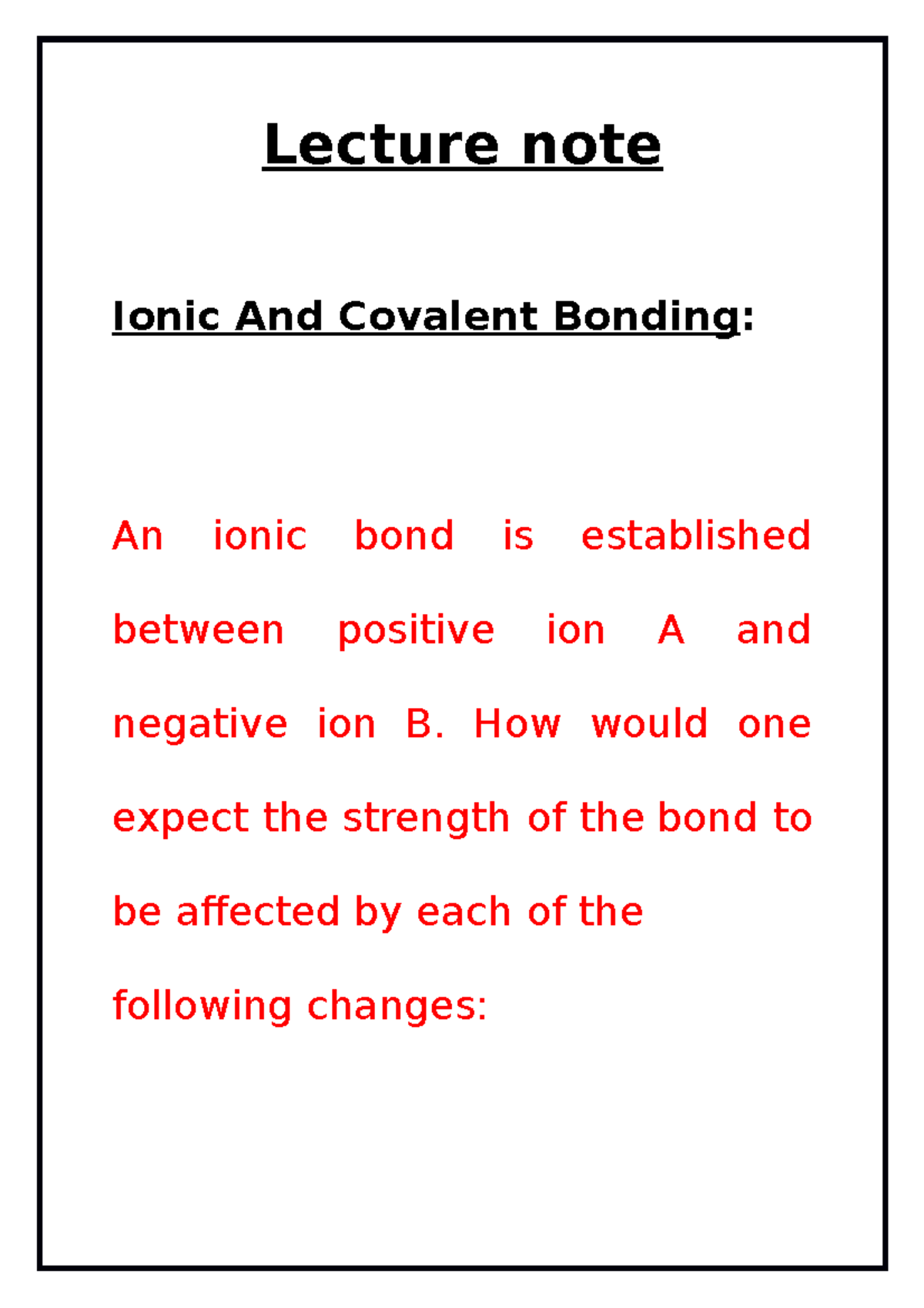 Lecture Notes Of Ionic And Covalent Bonding Lecture Note Ionic And