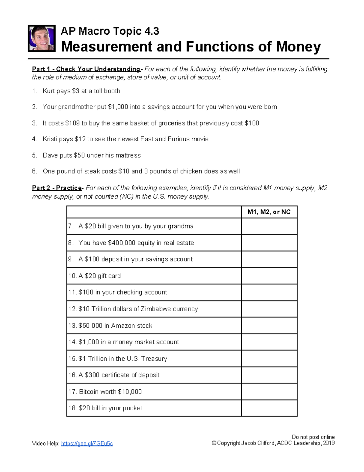 AP Macro Topic 4.3: Measurement & Functions of Money Worksheet - Studocu